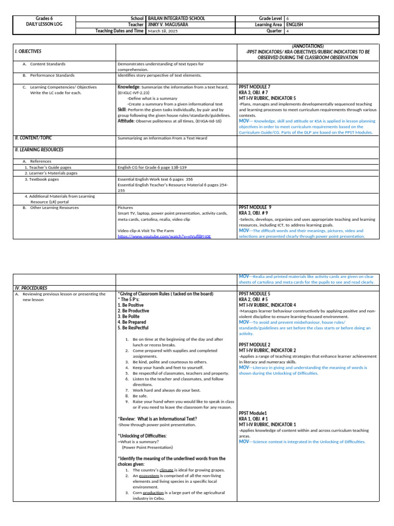 Cot - DLP English 6 - Summarizing Informations Heard by Master Teacher Eva M. Corvera | PDF ...