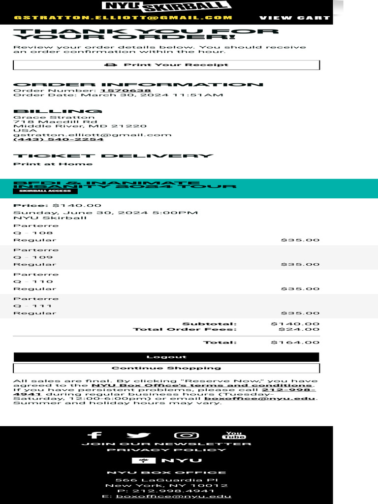 NYU Skirball BFDI Ticket Order Confirmation | PDF