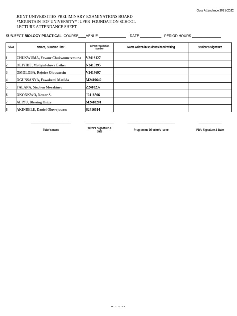 Biology Pratical Class Attendance sheet | PDF
