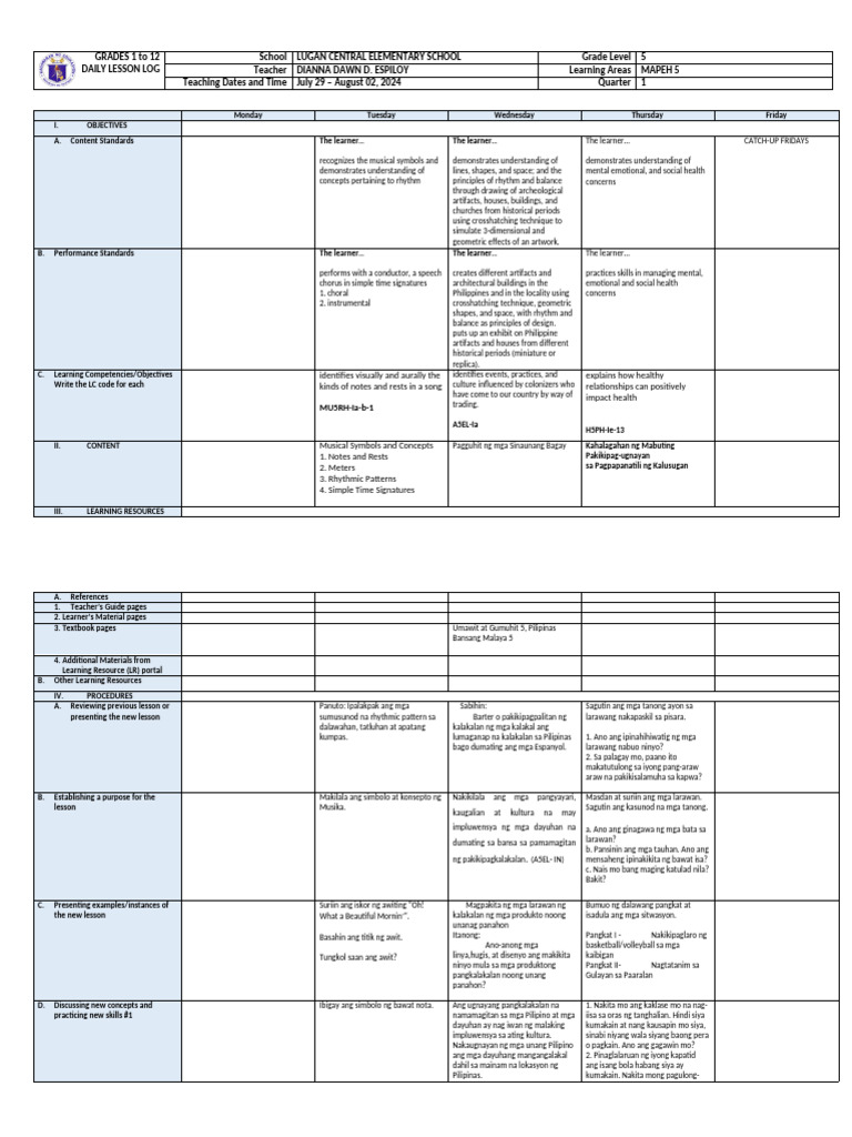 DLL_MAPEH 5_Q1_W1 | PDF