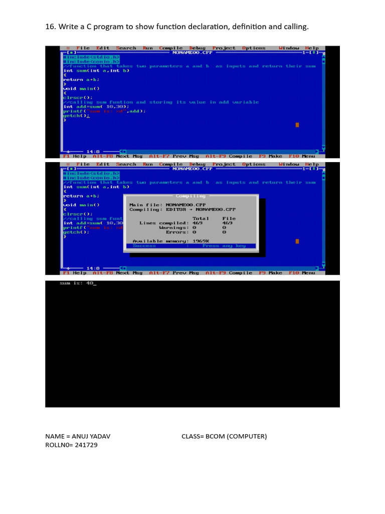 Write A C Program To Show Function Declaration, Definition and Calling | PDF