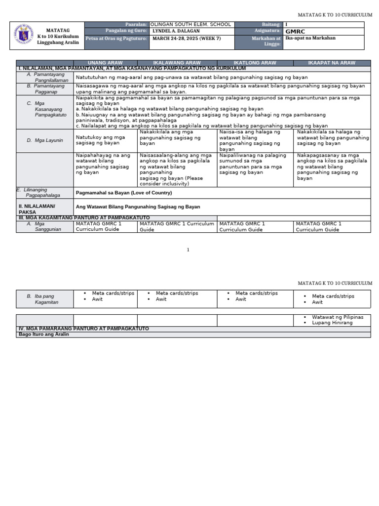 DLL Matatag - GMRC 1 - Q4 - W7 | PDF