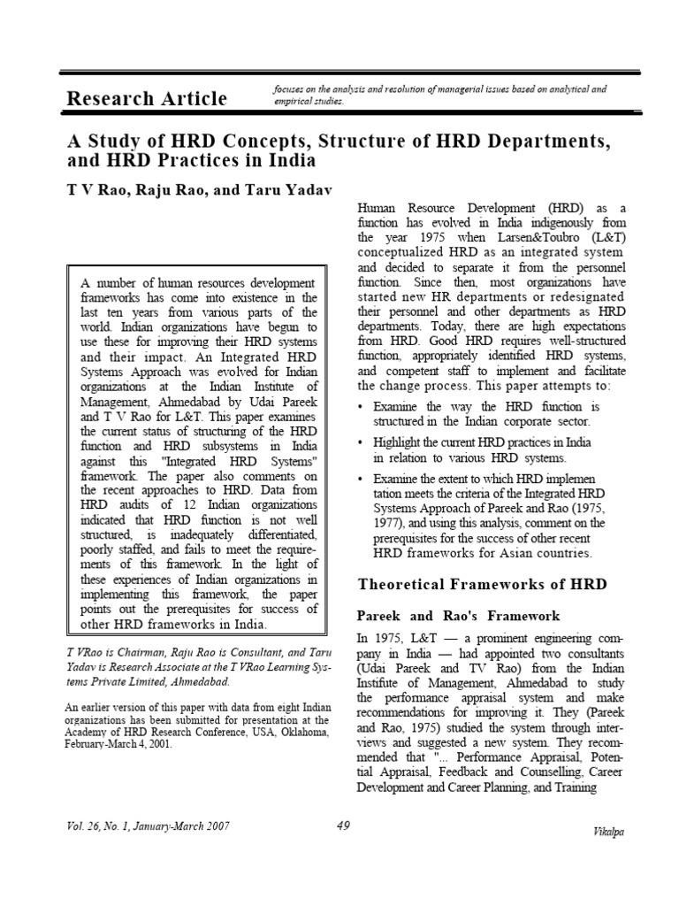 Rao Et Al 2001 A Study of HRD Concepts Structure of HRD Departments and ...