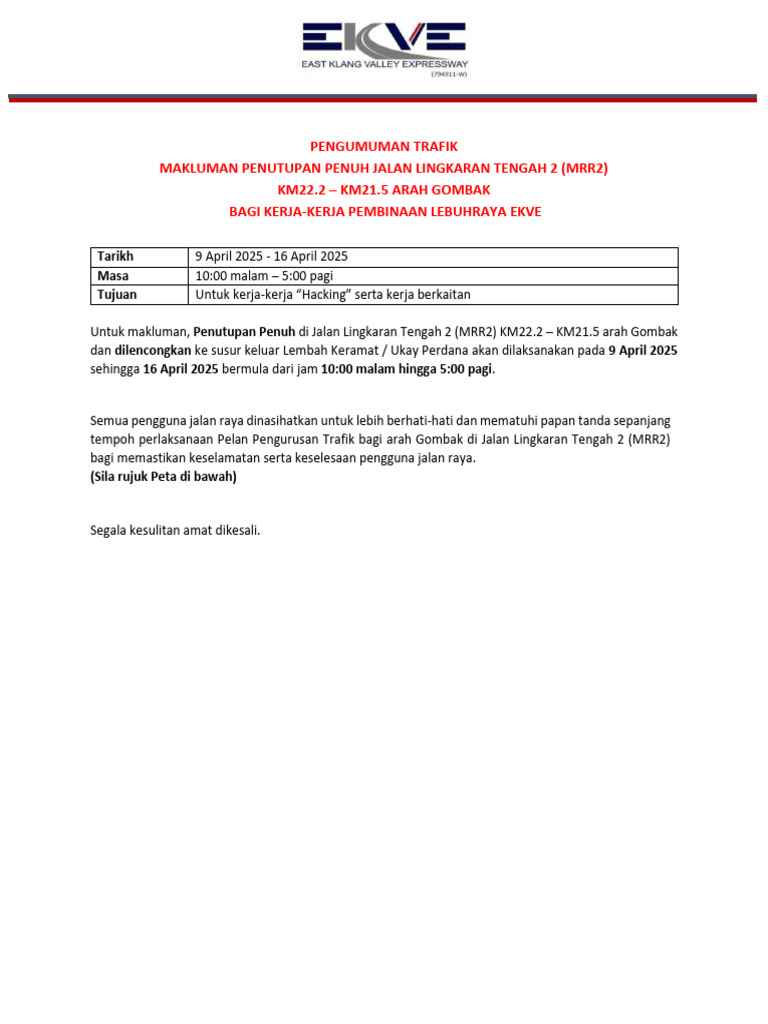 PENUTUPAN PENUH MRR2 “Hacking” 9-16.4.25 - GOMBAK | PDF