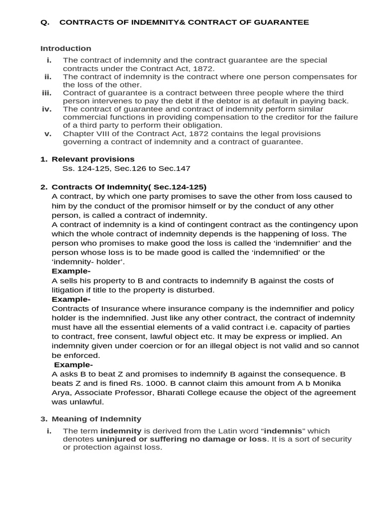 Q Contracts of Indemnity& Contract of Guarantee | PDF | Guarantee ...