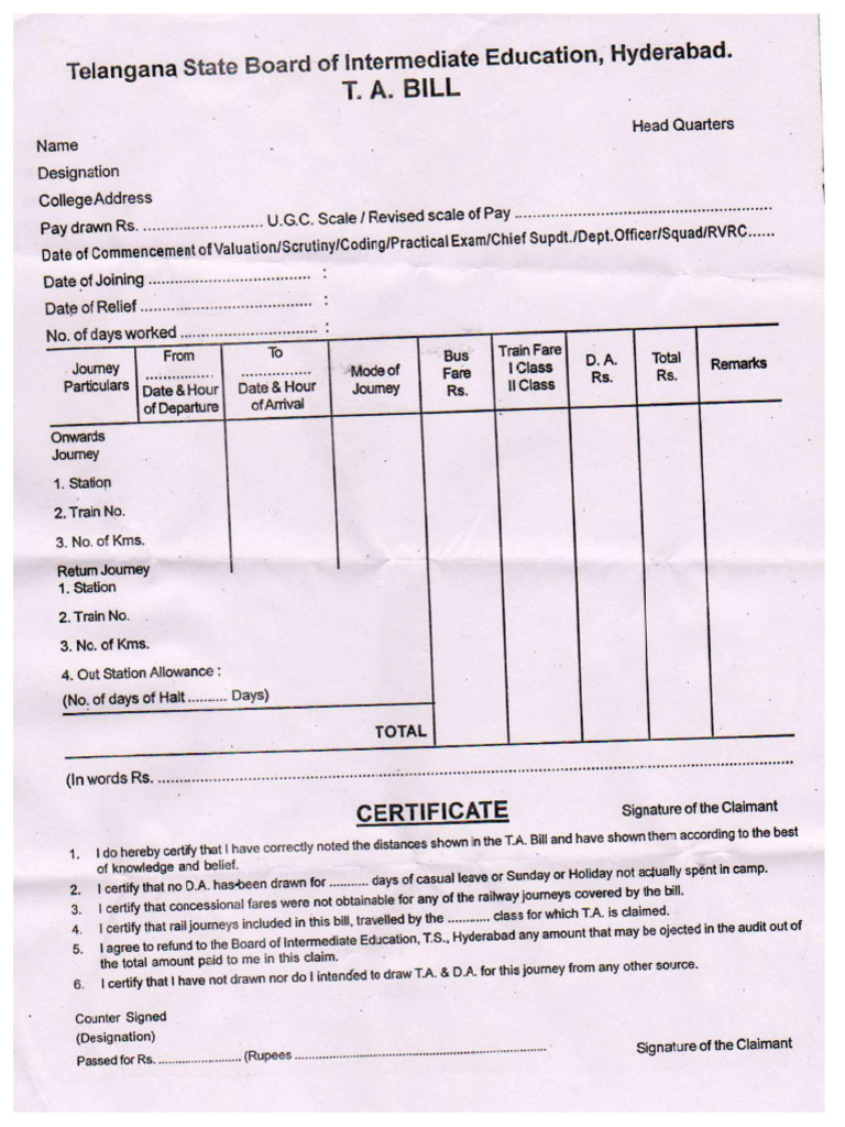 TSBIE-TA & DA Bill Proforma at SEWAA (1) - 1 | PDF