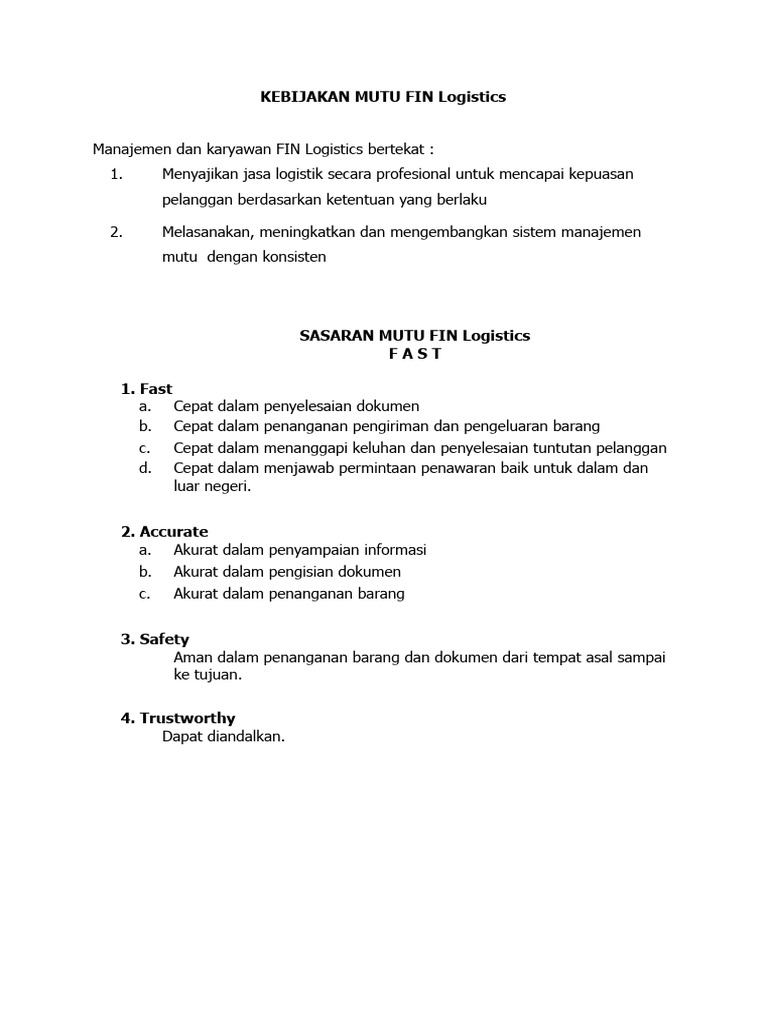 KEBIJAKAN MUTU Dan SASARAN MUTU FIN Logistics | PDF