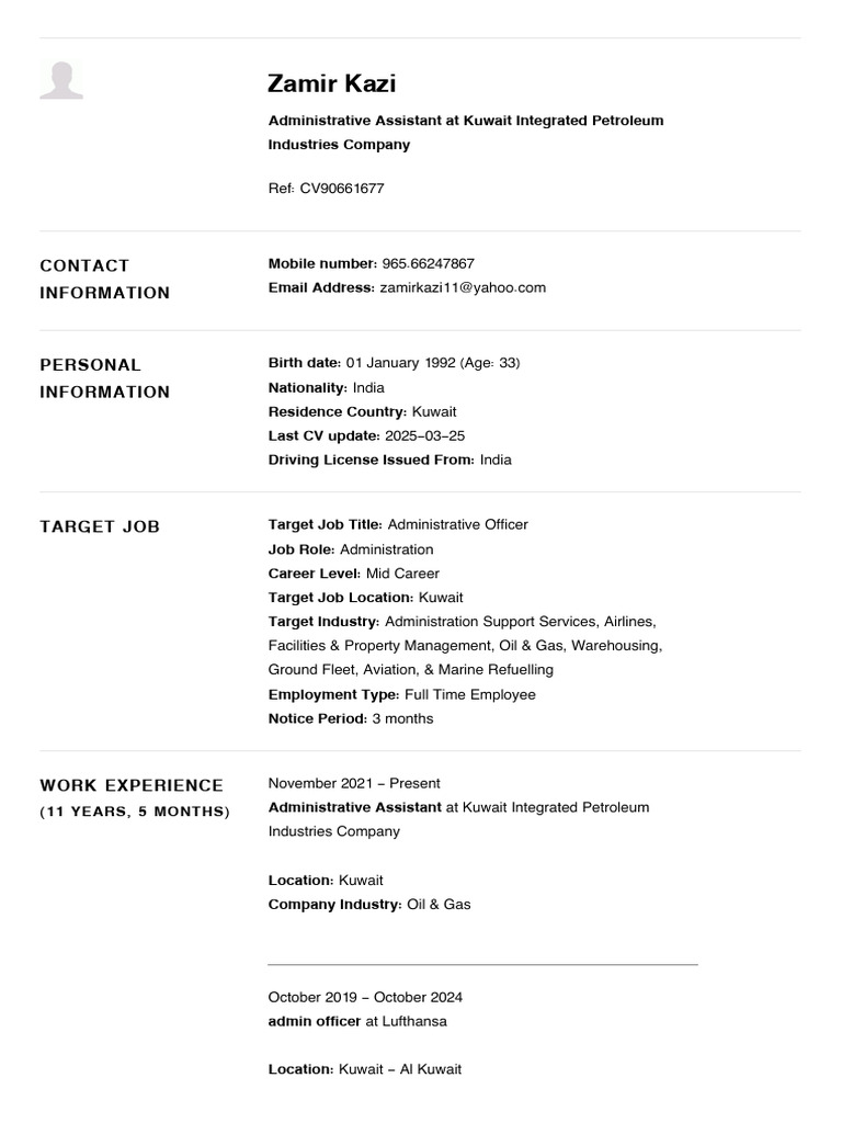 cv90661677 - Zamir-Kazi - Administrative Assistant | PDF | Recruitment | Cargo