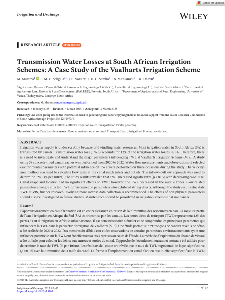 Irrigation and Drainage - 2025 - Mutema - Transmission Water Losses at South African Irrigation ...