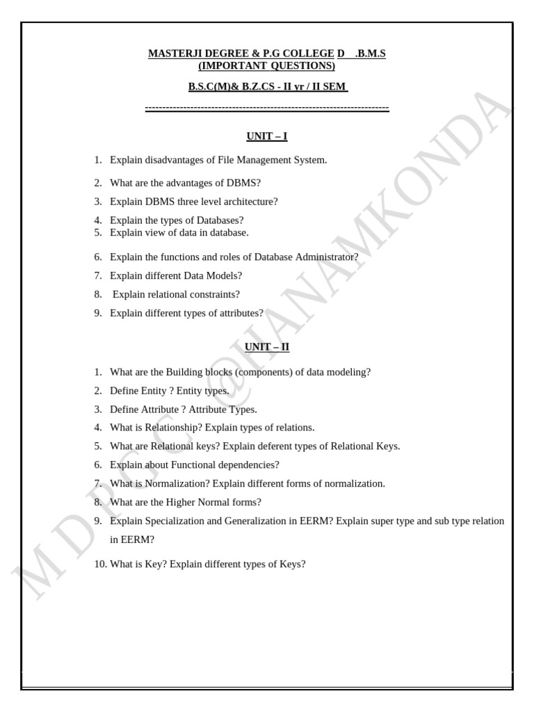 B.S.C (M) II-II DBMS Imp Questions | PDF | Databases | Relational Model