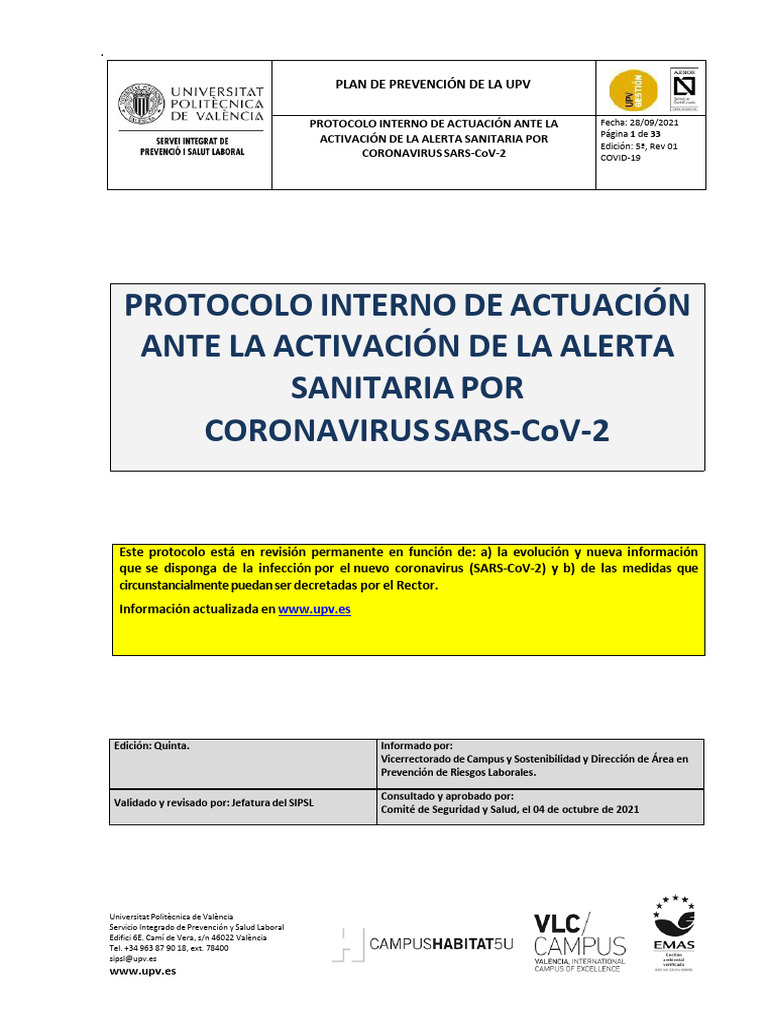 211004_Protocolo Interno Actuación UPV Ed5R01 | PDF | Enfermedades y trastornos | Especialidades ...