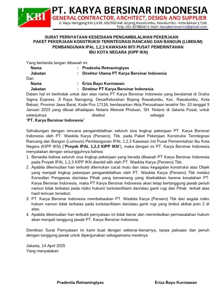 Surat Pernyataan Kesediaan Pengambilalihan Sisa Lingkup Pek IPAL IKN 130425 | PDF