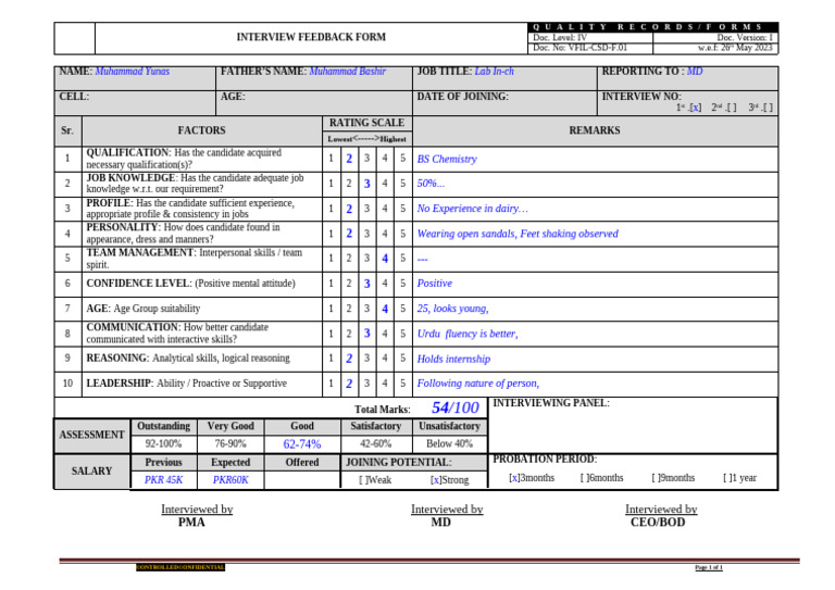 2.interview Feedback Form Muhammad Aamir | PDF | Behavioural Sciences | Behavior Modification