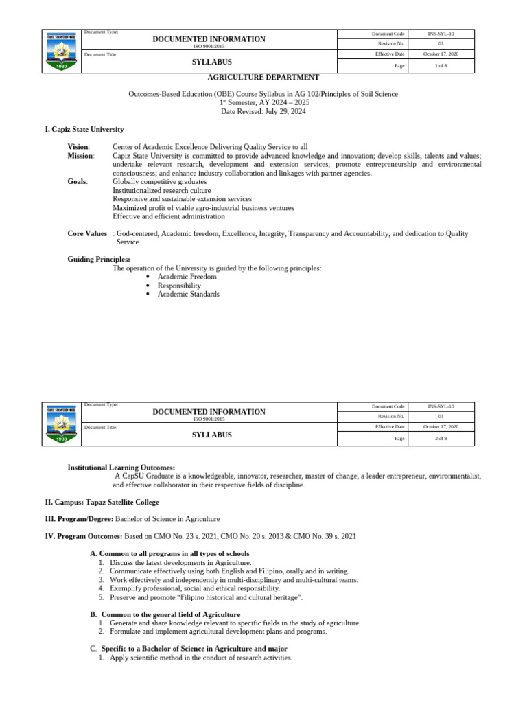 OBE-Syllabus-in-Principles of Soil Science-SY-2023-2024-2 | PDF | Soil ...