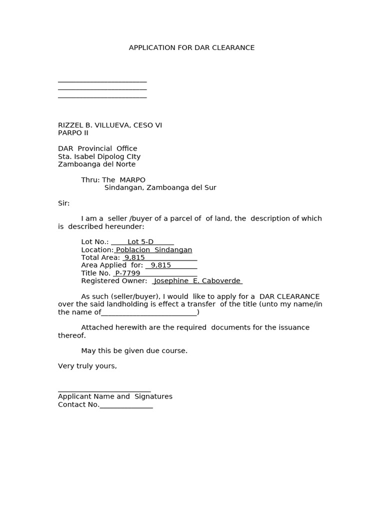 Application For Dar Clearance | PDF | Affidavit | Natural Resources Law