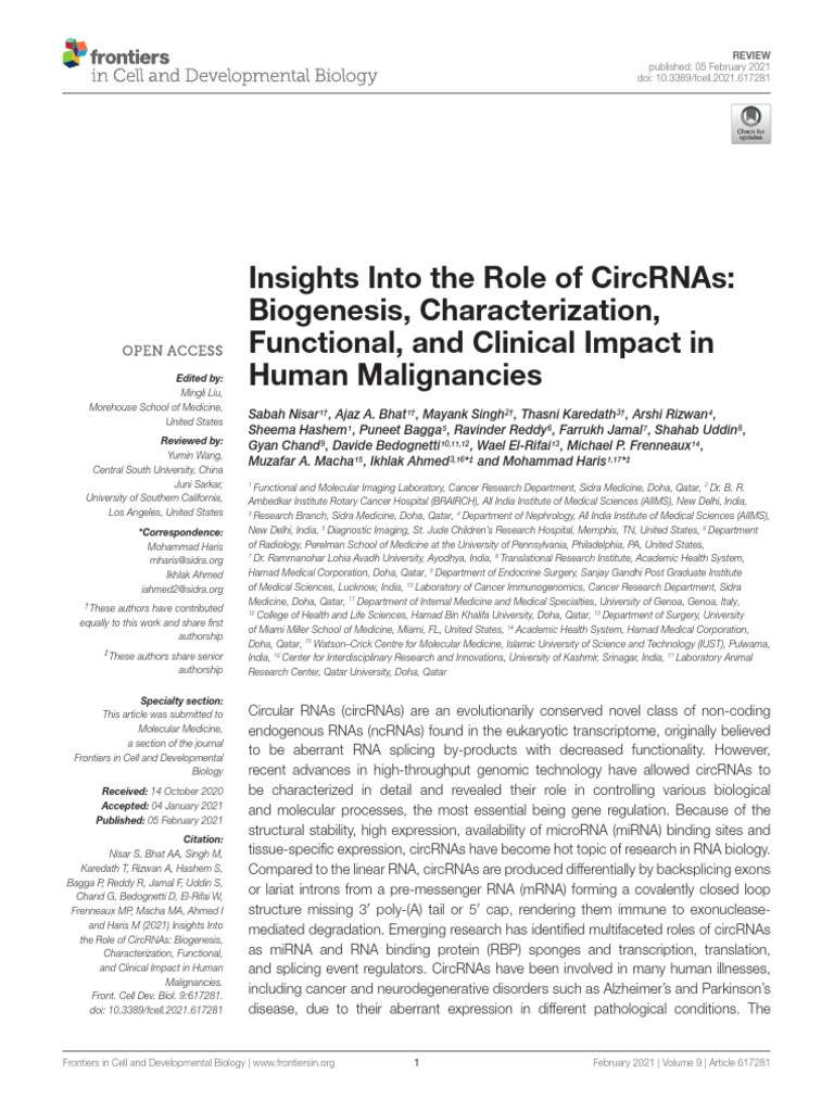 Insights Into the Role of CircRNAs Biogenesis, Characterization, Functional, and Clinical Impact ...