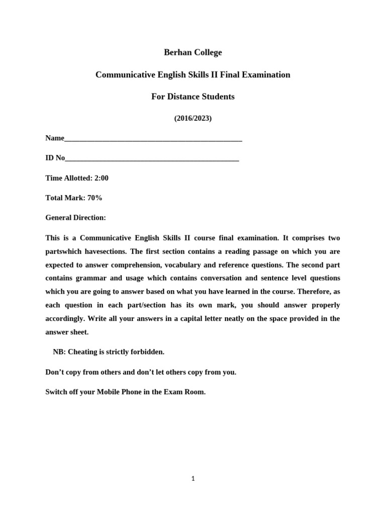 Communicative English II Final Examberhan For Distance Students | PDF | Question