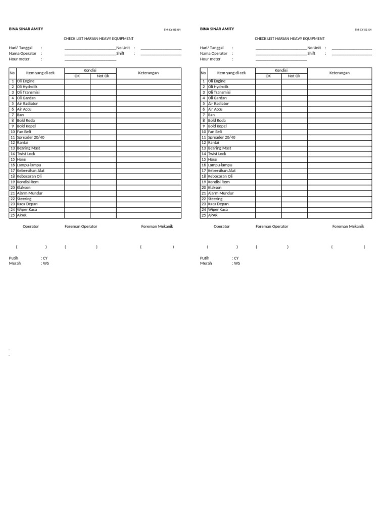 Checklist Harian Alat Berat dan Forklift | PDF