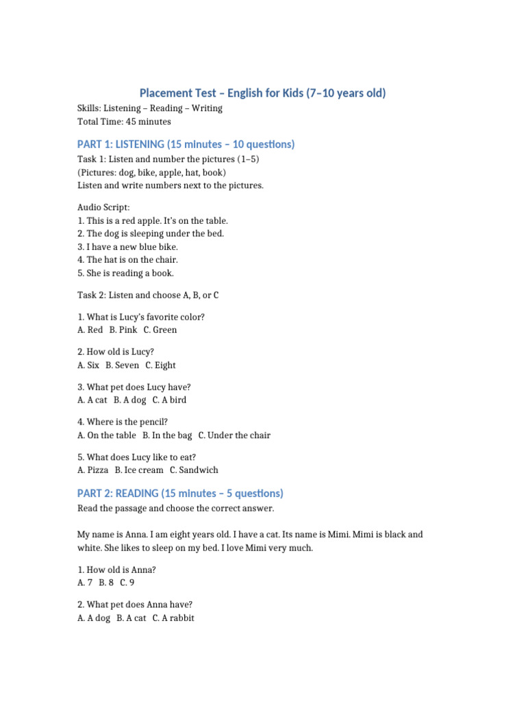 English Placement Test for Kids | PDF