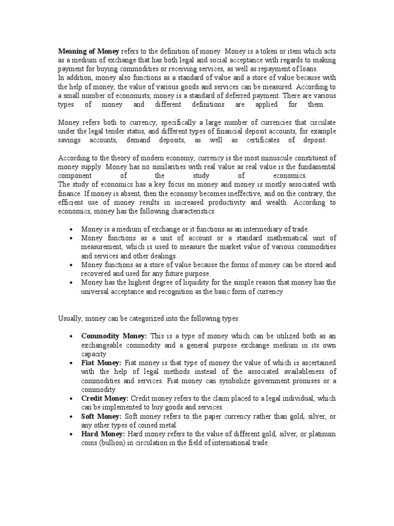 Meaning of Money Refers To The Definition of Money | PDF | Medium Of ...