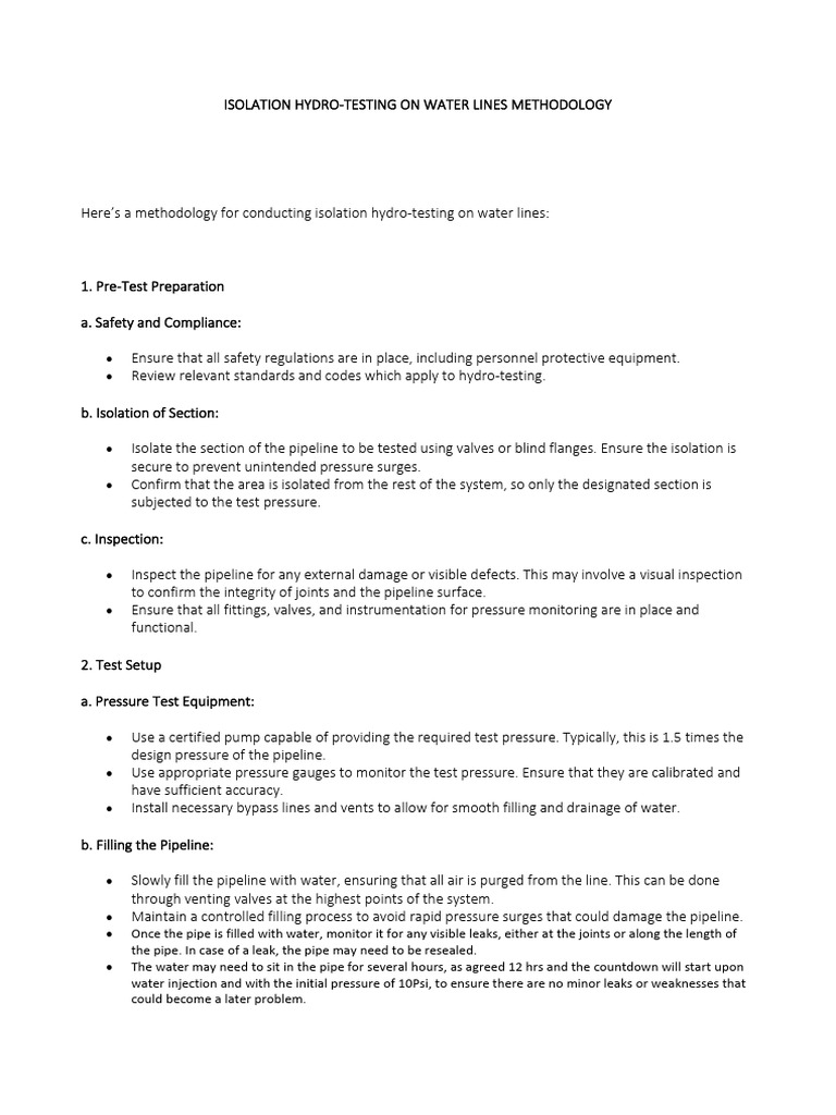 Isolation Hydro-Testing On Water Lines Methodology | PDF | Leak | Pipe ...