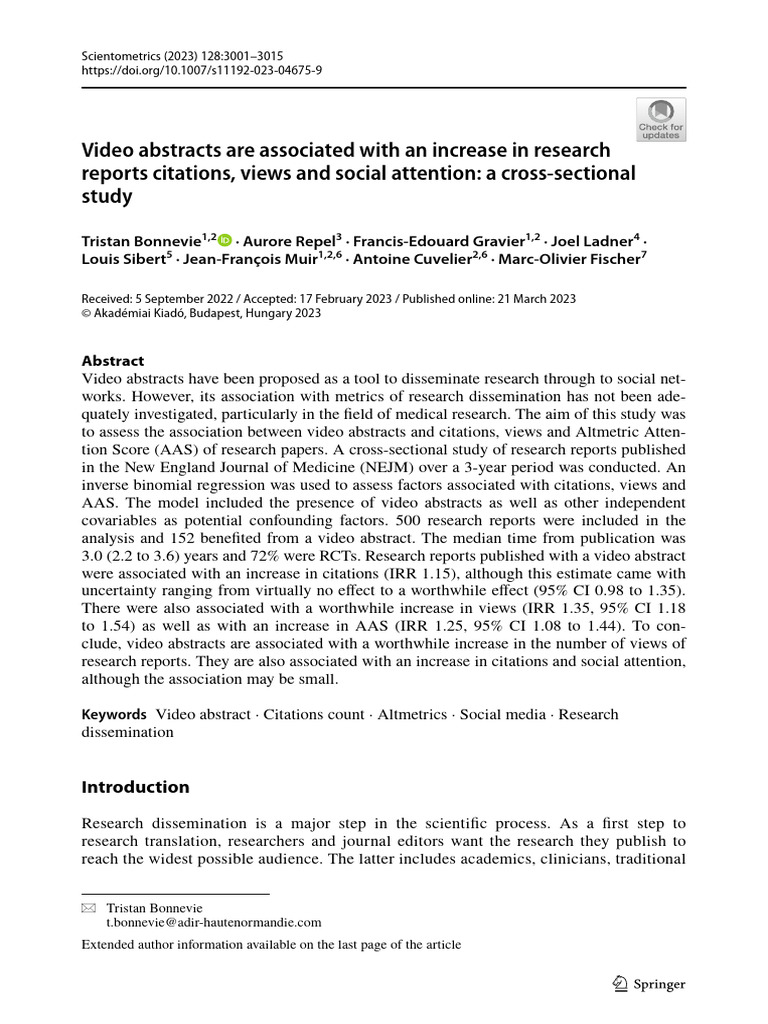 Video Abstracts Are Associated With An Increase in Research Reports Citations, Views and Social ...