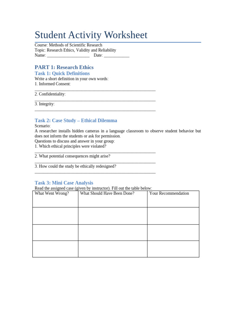 Research Ethics Student Worksheet | PDF