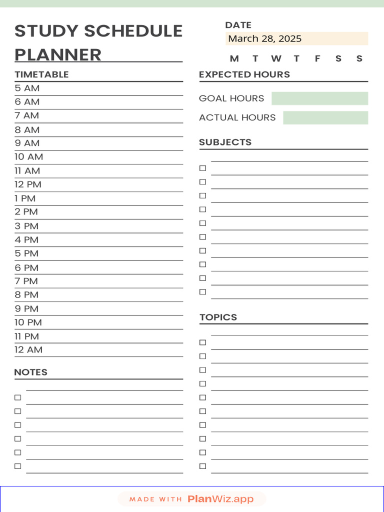 PlanWiz Study Schedule Template | PDF