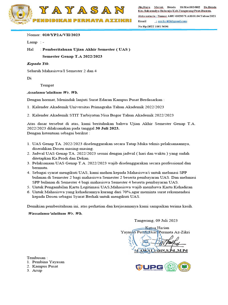 Surat Pemberitahuan UAS Th.2022.2023 | PDF