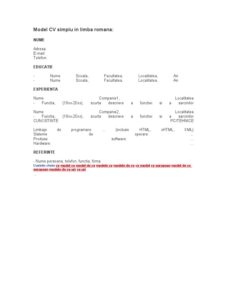 Model CV Simplu in Limba Romana