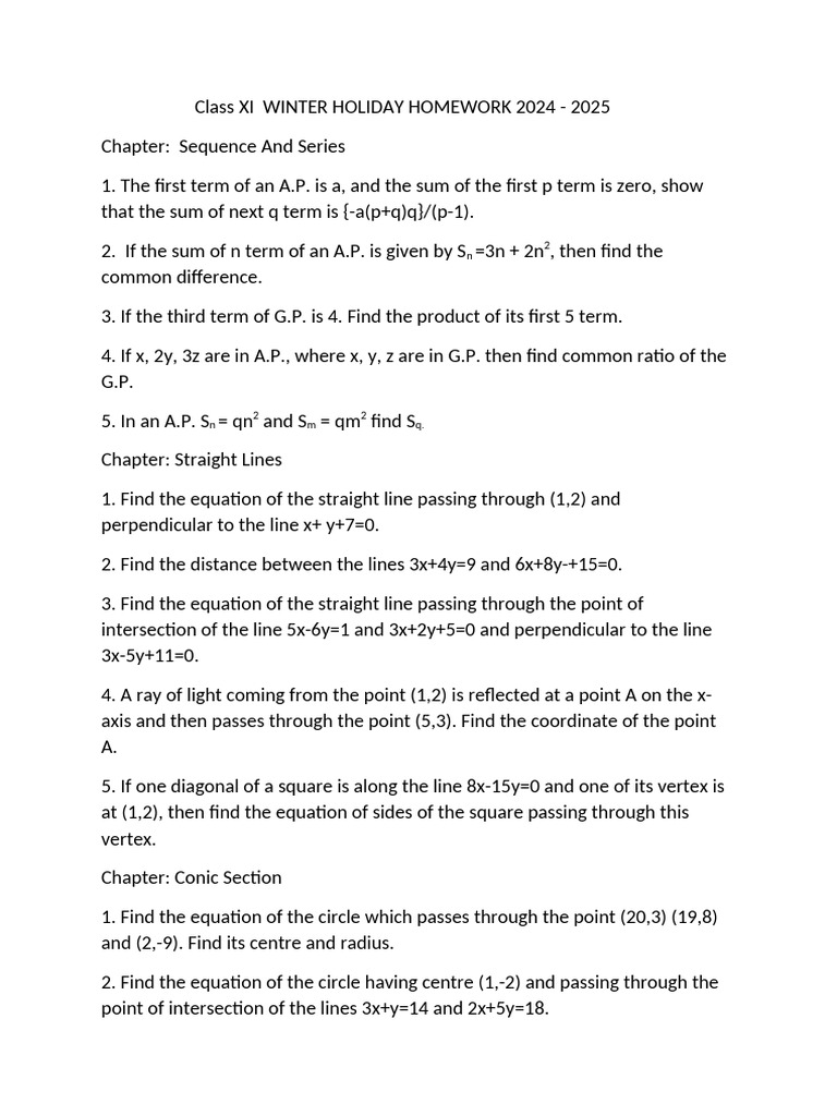 Class Xi Holiday Homework Pdf