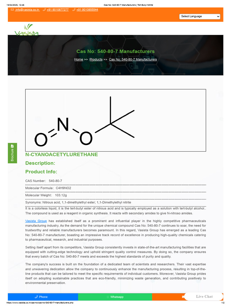 Cas No - 540-80-7 Manufacturers - Tert-Butyl Nitrite | PDF | Chemistry ...
