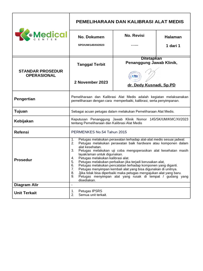 Spo Pemeliharaan Dan Kalibrasi Alat Medis | PDF