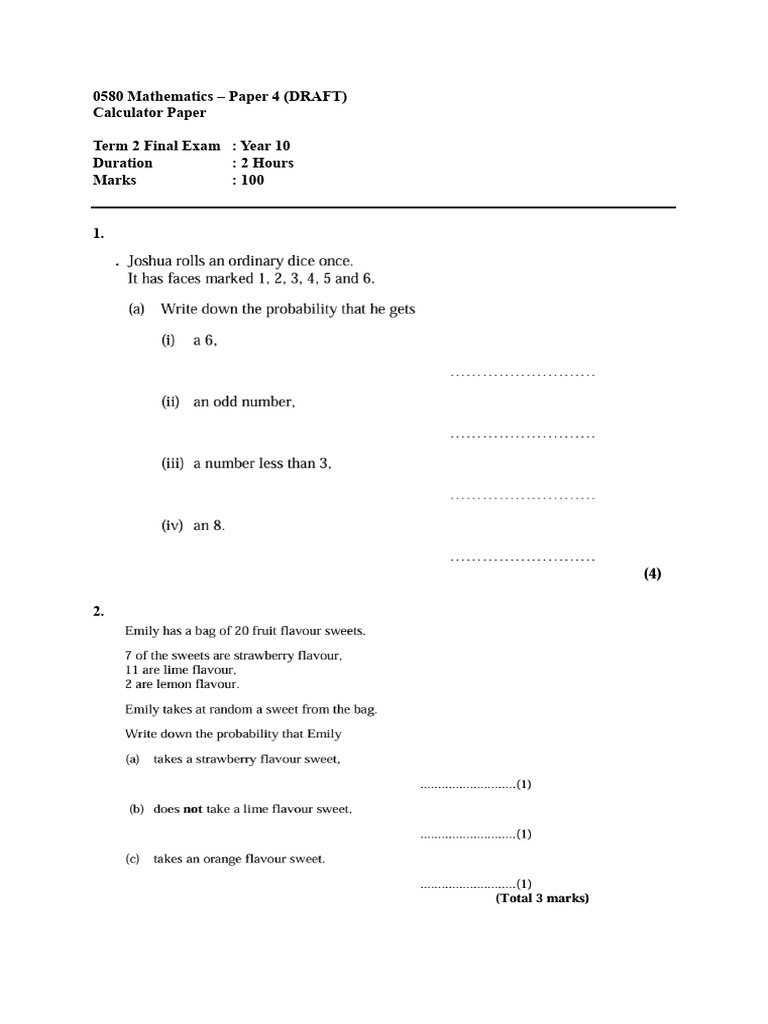 Year 10 Mathematics Exam Paper | PDF