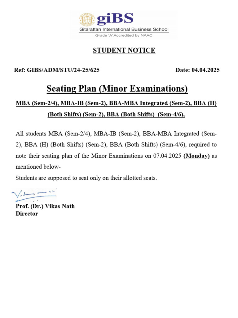 625-Revised Seating Plan Minor Examination On 07.04.2025 Monday | PDF