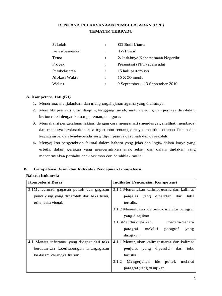 RPP Kelas 4 Tema 1 Minggu Ke 1 T2 | PDF