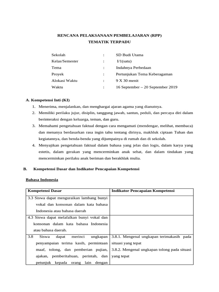 RPP KELAS 1 TEMA 2 MINGGU KE 2 | PDF