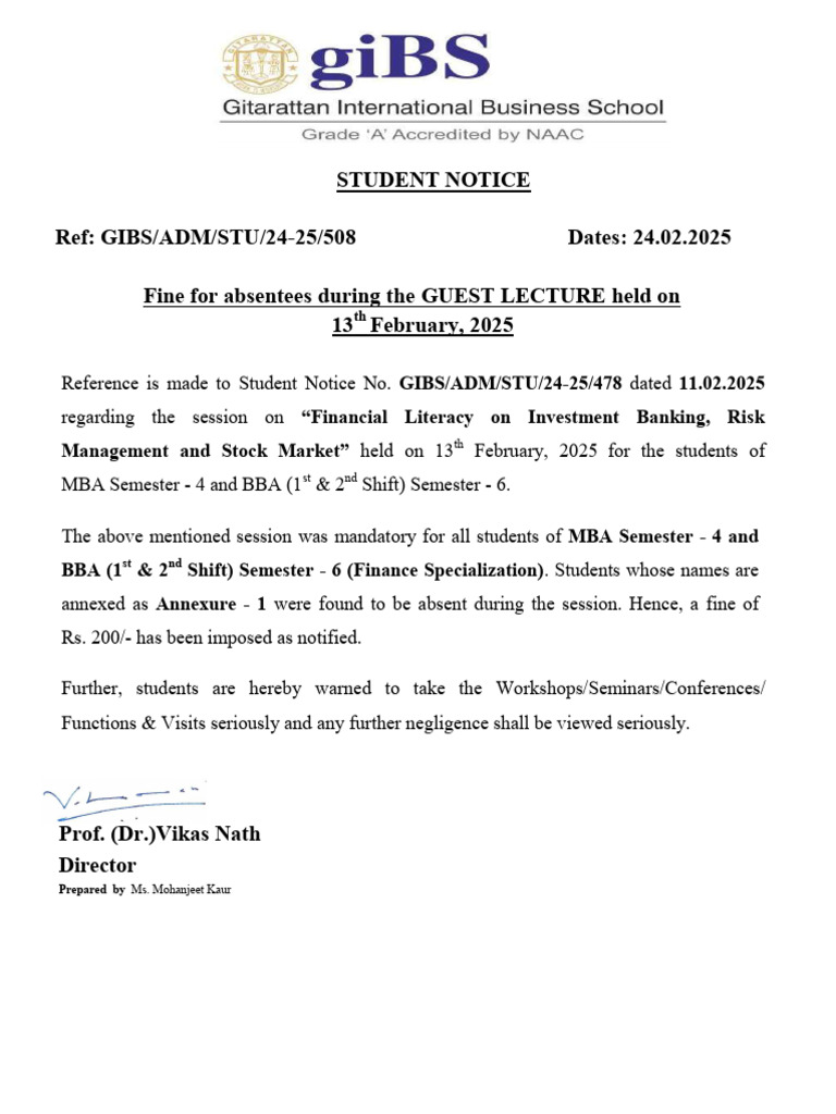 508-FINE NOTICE For Absentees During Guest Lecture | PDF