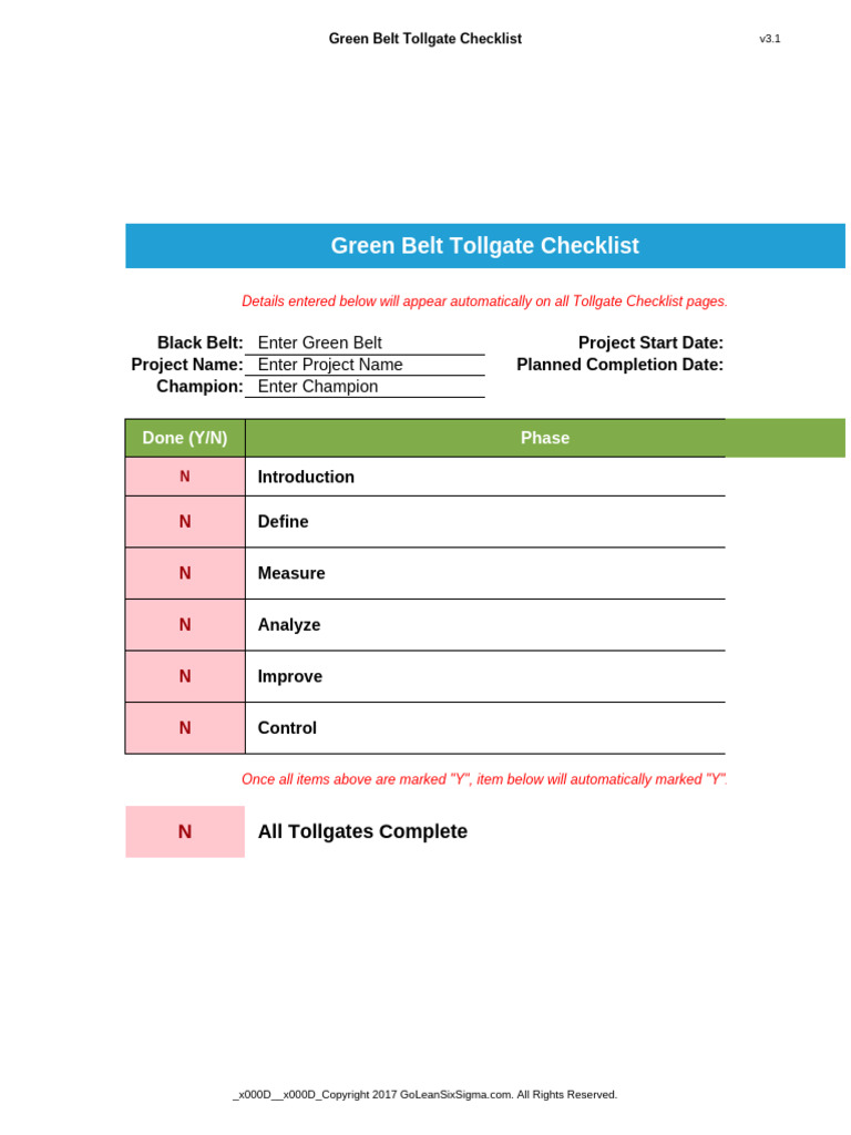 Green Belt Tollgate Checklist v3.1 | PDF