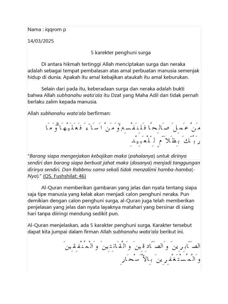 5 Karekter Penghuni Surga | PDF