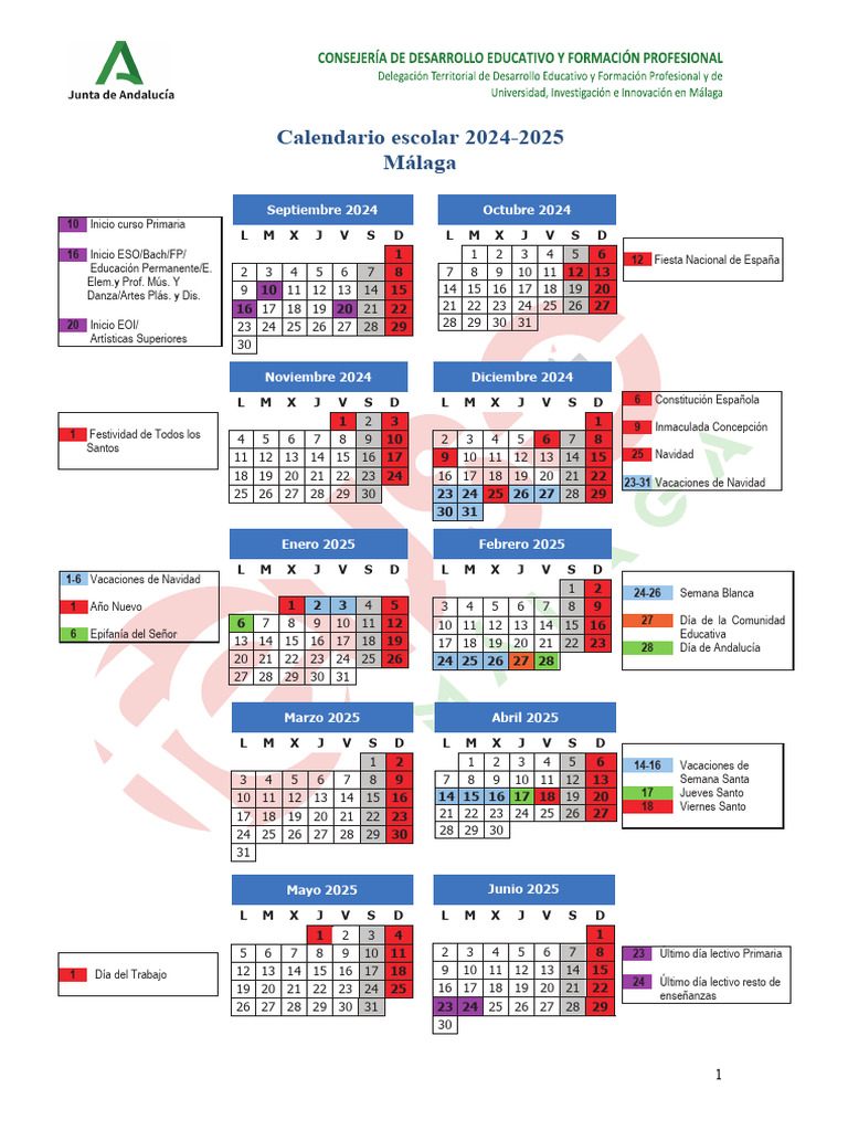 Calendario Escolar 2024 2025 Provincia de Malaga | PDF | Fiestas cristianas y días santos ...