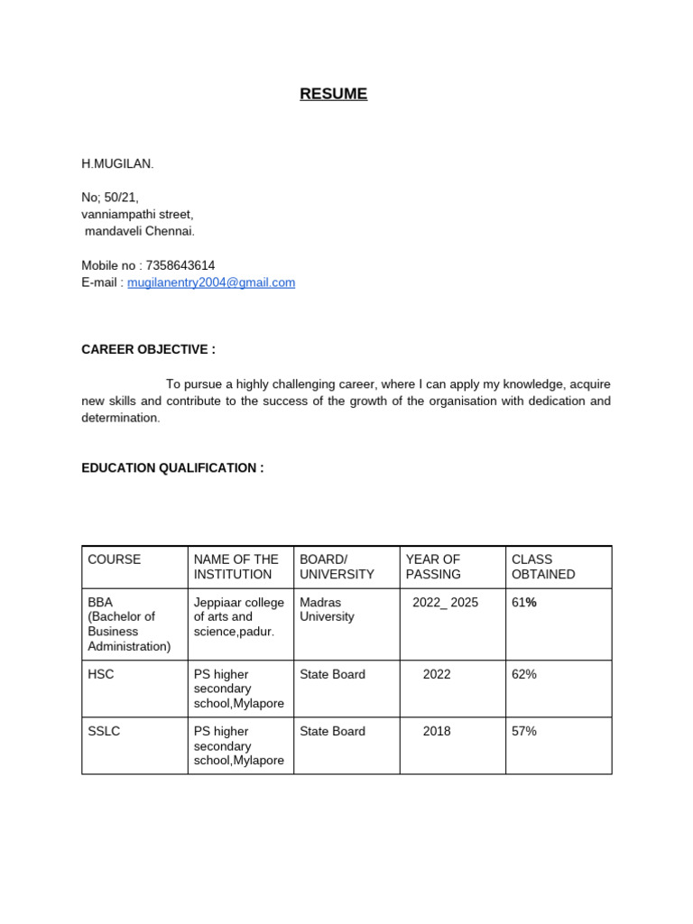 Mugilan.H (Resume) | PDF