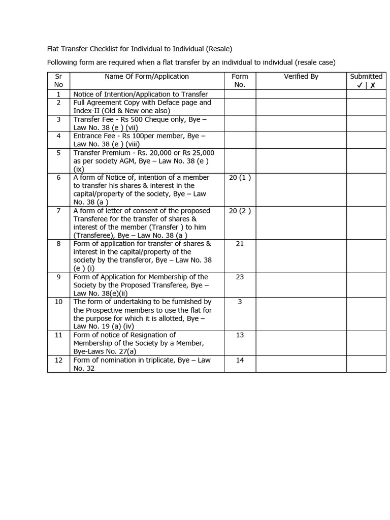 Flat Transfer Checklist For Individual To Individual | PDF