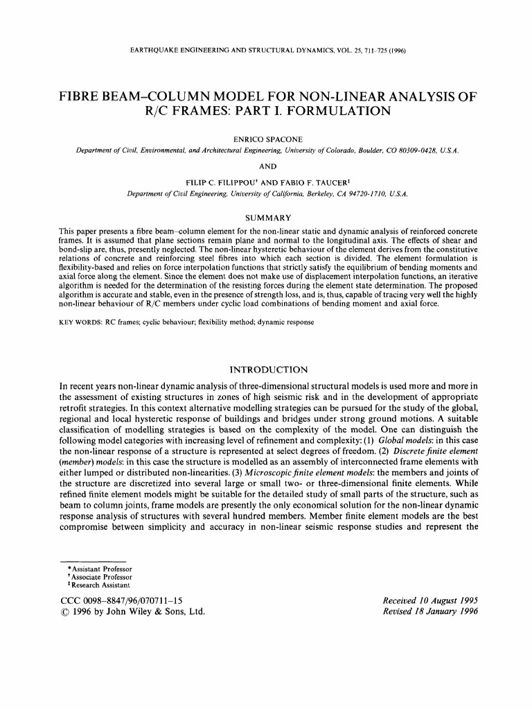 (1996) (Spacone) Fibre Beam Column Model For Non Linear Analysis of R C Frames Part I | PDF ...