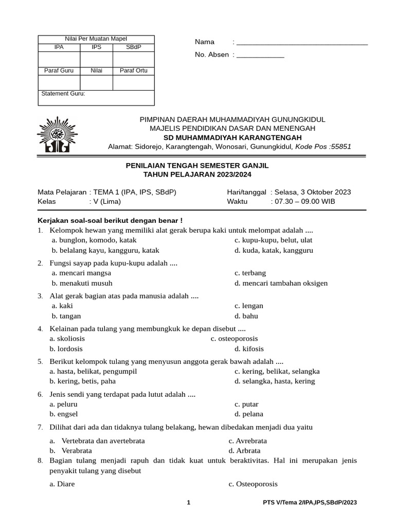 PTS Tema 1 (Ipa, Ips, SBDP) Kelas 5 | PDF
