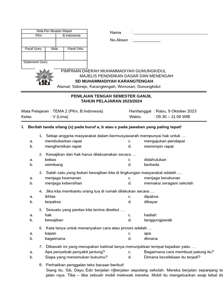 PTS TEMA 2 (PKn,BINDO) KELAS 5 | PDF