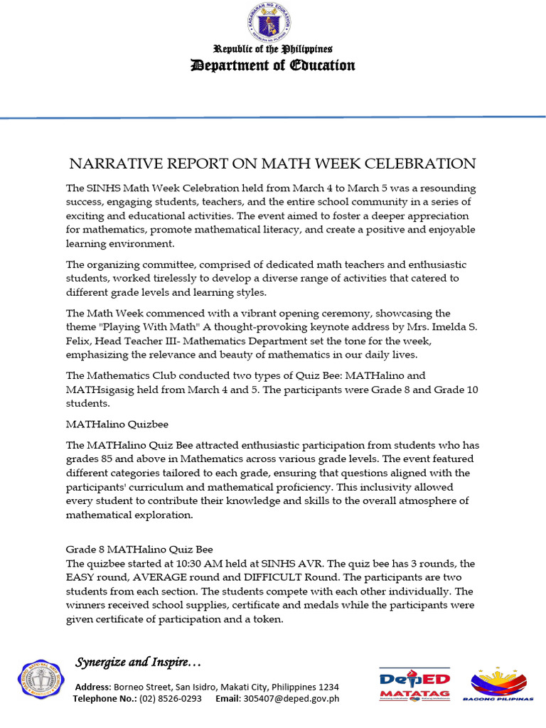 Math Week Celebration Report 2023 | PDF | Metro Manila | Learning