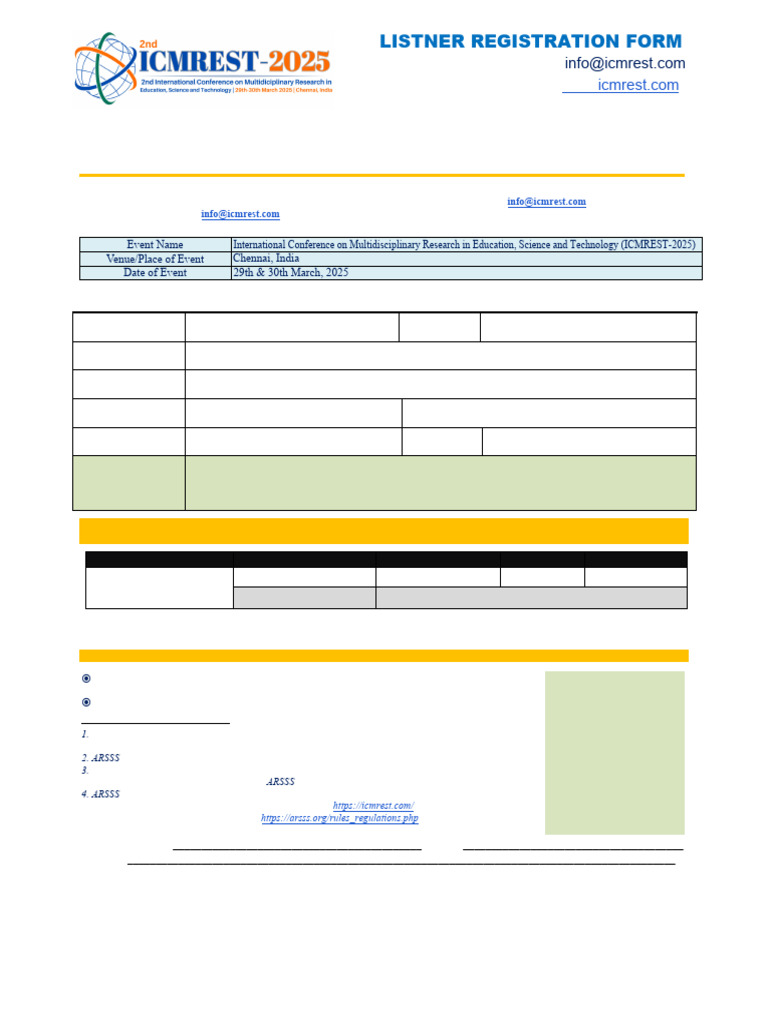 ICMREST Listner Registration Form | PDF | Fee