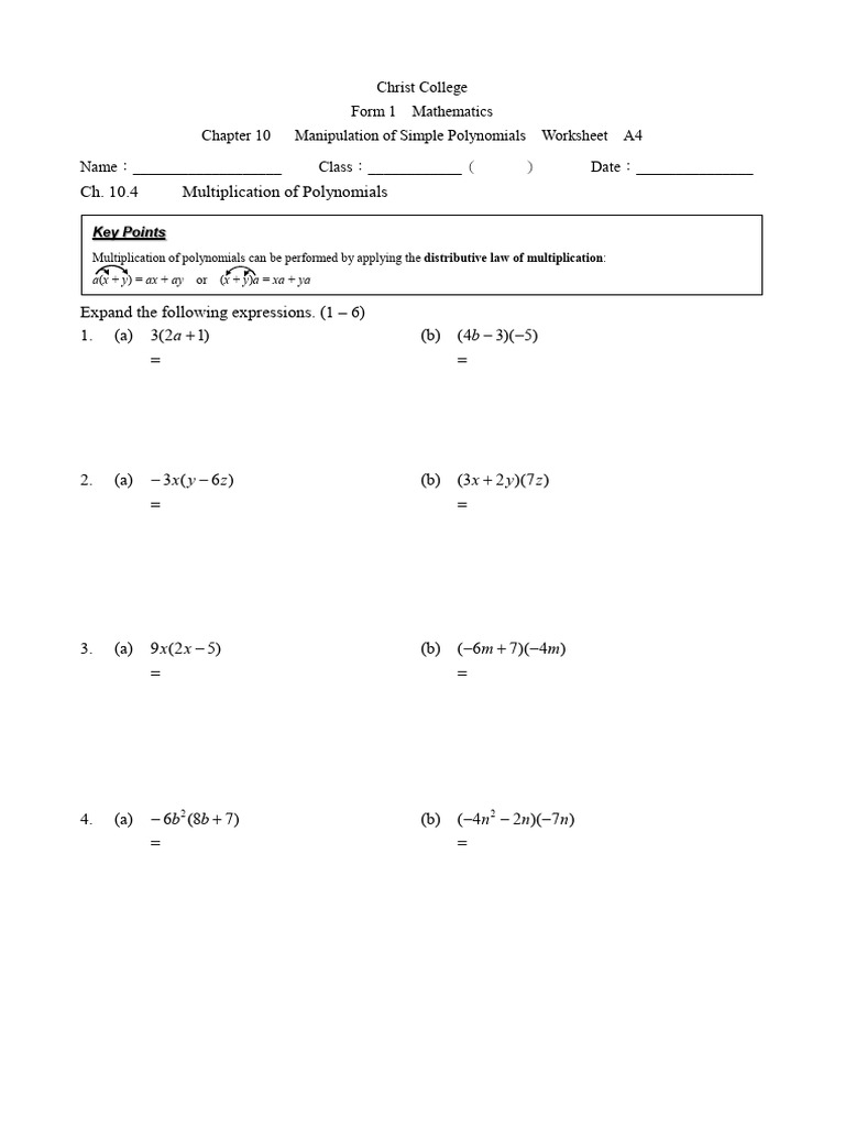 F1 - Manipulation of Simple Polynomials - A4 | PDF | Mathematics | Abstract Algebra