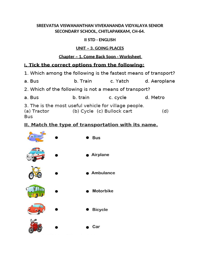 KHV - 2std Worksheet. Come Back Soon | PDF | Transport